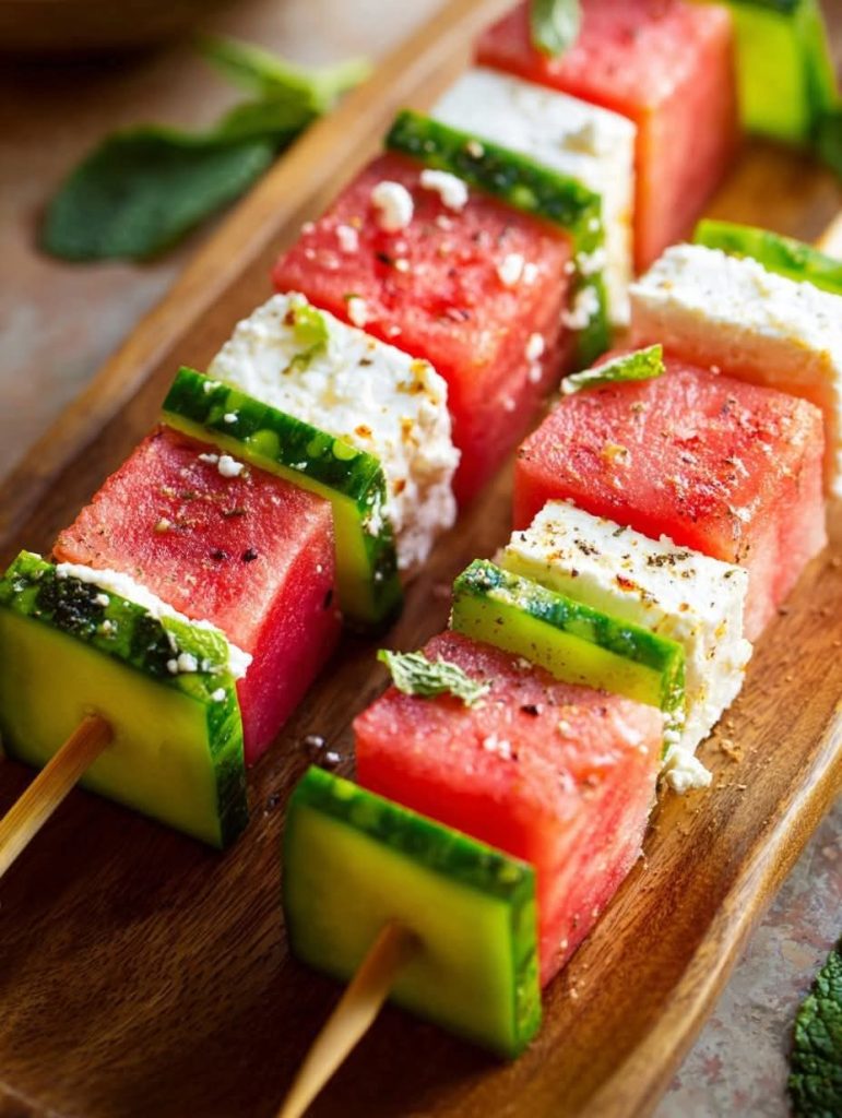 Watermelon-Cucumber-Feta Skewers with Tajín-Lime Splash: – Easy Foods